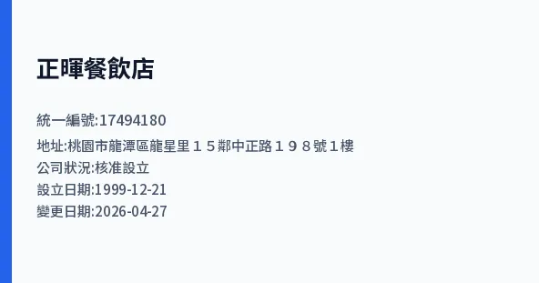 正暉餐飲店的照片-統編 17494180(桃園市) 公司登記資料與營業項目詳細圖表
