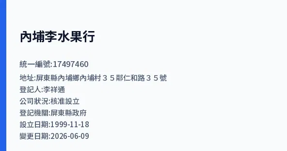 內埔李水果行的照片-統編 17497460(屏東縣) 公司登記資料與營業項目詳細圖表