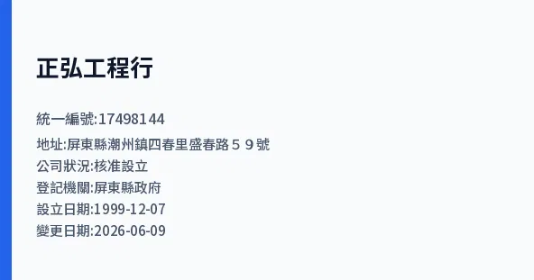 正弘工程行的照片-統編 17498144(屏東縣) 公司登記資料與營業項目詳細圖表