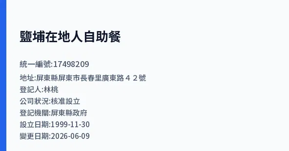 鹽埔在地人自助餐的照片-統編 17498209(屏東縣) 公司登記資料與營業項目詳細圖表
