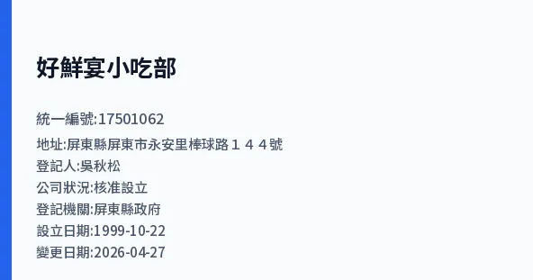 好鮮宴小吃部的照片-統編 17501062(屏東縣) 公司登記資料與營業項目詳細圖表