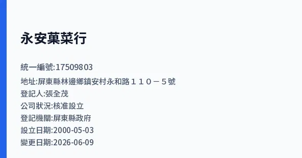永安菓菜行的照片-統編 17509803(屏東縣) 公司登記資料與營業項目詳細圖表
