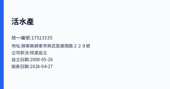 活水產的照片-統編 17513335(屏東縣) 公司登記資料與營業項目詳細圖表