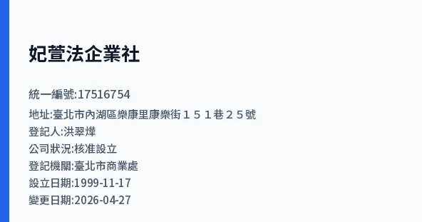 妃萱法企業社的照片-統編 17516754(臺北市) 公司登記資料與營業項目詳細圖表