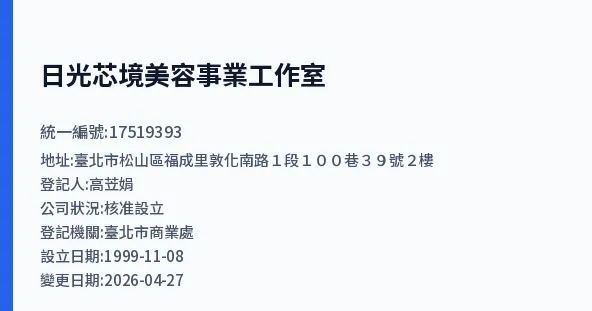 日光芯境美容事業工作室的照片-統編 17519393(臺北市) 公司登記資料與營業項目詳細圖表