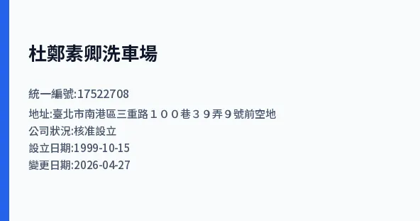 杜鄭素卿洗車場的照片-統編 17522708(臺北市) 公司登記資料與營業項目詳細圖表