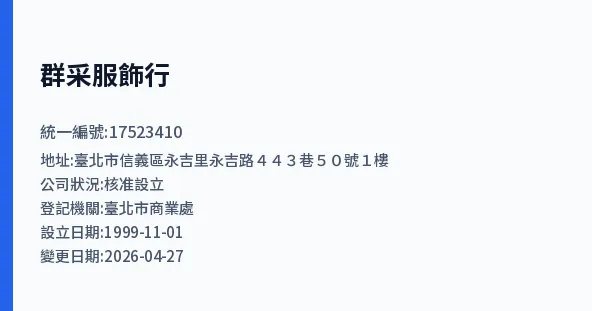 群采服飾行的照片-統編 17523410(臺北市) 公司登記資料與營業項目詳細圖表