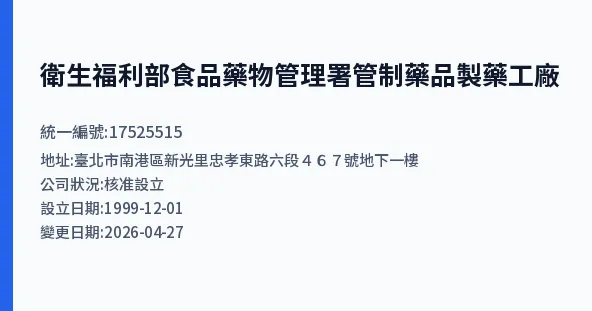 衛生福利部食品藥物管理署管制藥品製藥工廠的照片-統編 17525515(臺北市) 公司登記資料與營業項目詳細圖表
