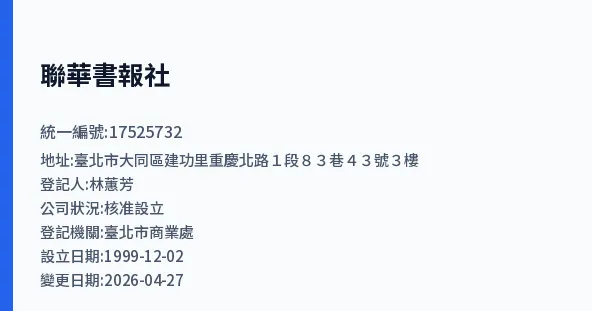 聯華書報社的照片-統編 17525732(臺北市) 公司登記資料與營業項目詳細圖表