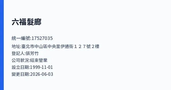 六福髮廊的照片-統編 17527035(臺北市) 公司登記資料與營業項目詳細圖表