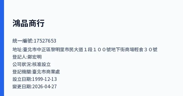鴻品商行的照片-統編 17527653(臺北市) 公司登記資料與營業項目詳細圖表