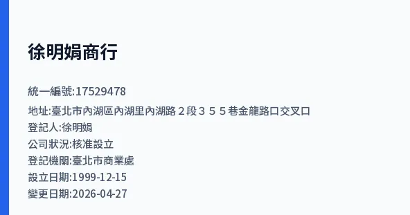 徐明娟商行的照片-統編 17529478(臺北市) 公司登記資料與營業項目詳細圖表