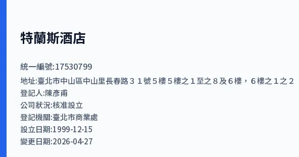 特蘭斯酒店的照片-統編 17530799(臺北市) 公司登記資料與營業項目詳細圖表