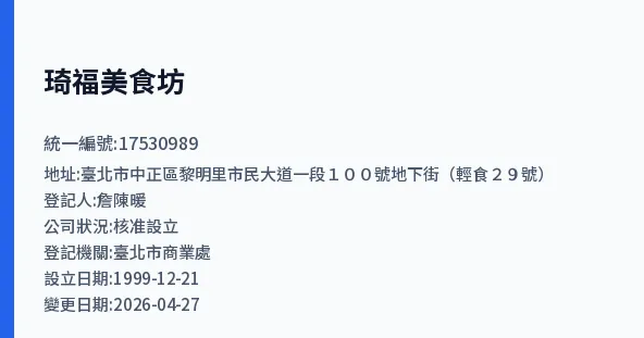 琦福美食坊的照片-統編 17530989(臺北市) 公司登記資料與營業項目詳細圖表