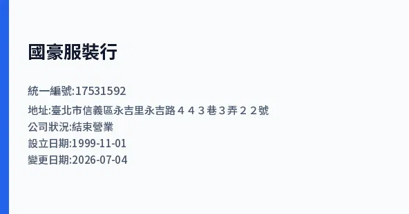 國豪服裝行的照片-統編 17531592(臺北市) 公司登記資料與營業項目詳細圖表