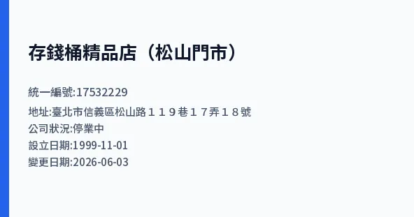 存錢桶精品店(松山門市)的照片-統編 17532229(臺北市) 公司登記資料與營業項目詳細圖表