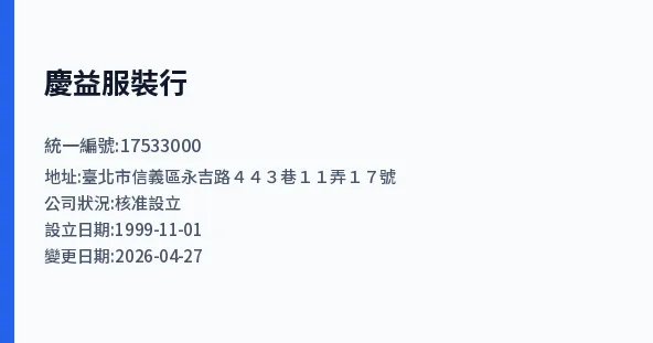 慶益服裝行的照片-統編 17533000(臺北市) 公司登記資料與營業項目詳細圖表