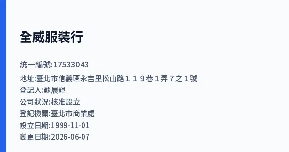 全威服裝行的照片-統編 17533043(臺北市) 公司登記資料與營業項目詳細圖表