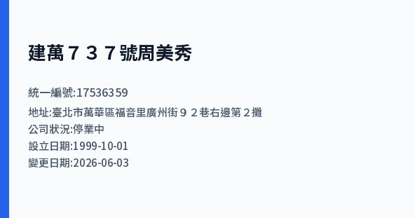 建萬737號周美秀的照片-統編 17536359(臺北市) 公司登記資料與營業項目詳細圖表