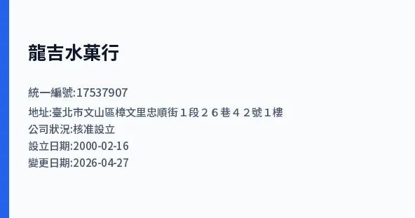 龍吉水菓行的照片-統編 17537907(臺北市) 公司登記資料與營業項目詳細圖表