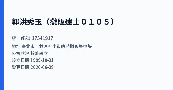 郭洪秀玉(攤販建士0105)的照片-統編 17541917(臺北市) 公司登記資料與營業項目詳細圖表