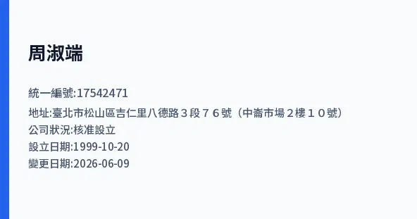 周淑端的照片-統編 17542471(臺北市) 公司登記資料與營業項目詳細圖表