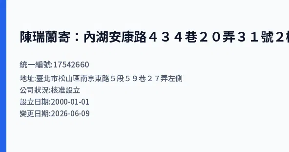 陳瑞蘭寄:內湖安康路434巷20弄31號2樓的照片-統編 17542660(臺北市) 公司登記資料與營業項目詳細圖表