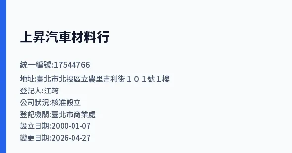 上昇汽車材料行的照片-統編 17544766(臺北市) 公司登記資料與營業項目詳細圖表