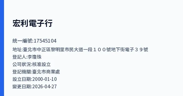 宏利電子行的照片-統編 17545104(臺北市) 公司登記資料與營業項目詳細圖表