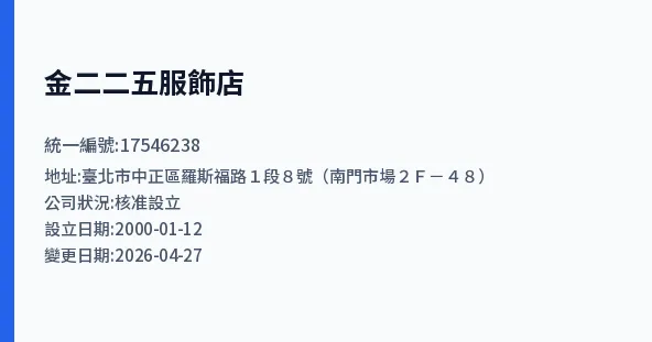 金二二五服飾店的照片-統編 17546238(臺北市) 公司登記資料與營業項目詳細圖表