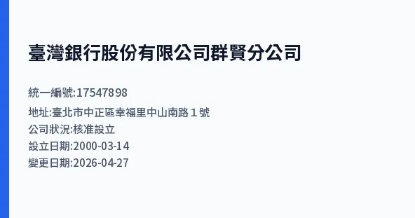 臺灣銀行股份有限公司群賢分公司的照片-統編 17547898(臺北市) 公司登記資料與營業項目詳細圖表