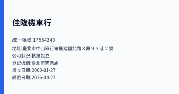 佳隆機車行的照片-統編 17554243(臺北市) 公司登記資料與營業項目詳細圖表