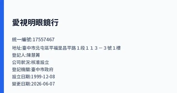 愛視明眼鏡行的照片-統編 17557467(臺中市) 公司登記資料與營業項目詳細圖表