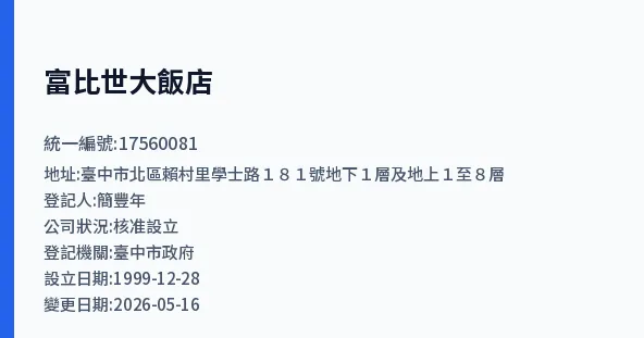 富比世大飯店的照片-統編 17560081(臺中市) 公司登記資料與營業項目詳細圖表