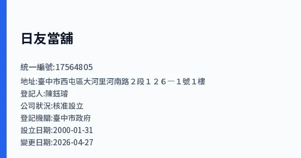 日友當舖的照片-統編 17564805(臺中市) 公司登記資料與營業項目詳細圖表