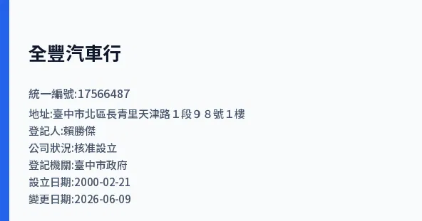 全豐汽車行的照片-統編 17566487(臺中市) 公司登記資料與營業項目詳細圖表