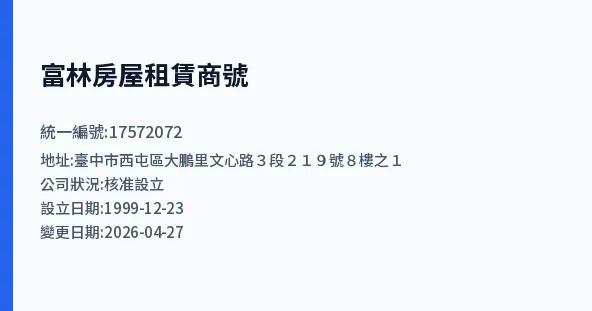 富林房屋租賃商號的照片-統編 17572072(臺中市) 公司登記資料與營業項目詳細圖表