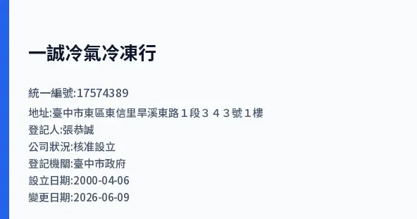 一誠冷氣冷凍行的照片-統編 17574389(臺中市) 公司登記資料與營業項目詳細圖表