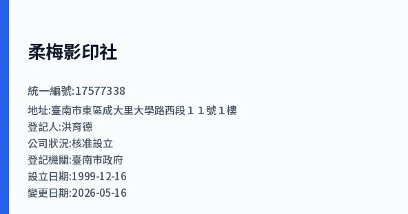 柔梅影印社的照片-統編 17577338(臺南市) 公司登記資料與營業項目詳細圖表
