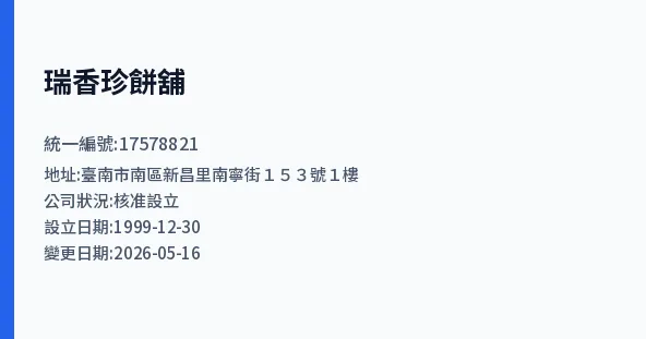 瑞香珍餅舖的照片-統編 17578821(臺南市) 公司登記資料與營業項目詳細圖表