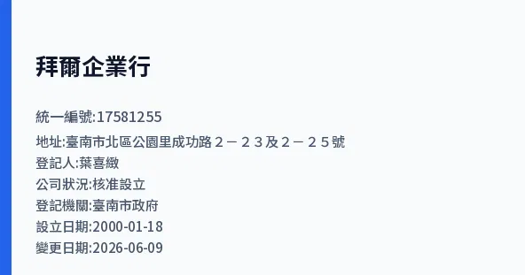 拜爾企業行的照片-統編 17581255(臺南市) 公司登記資料與營業項目詳細圖表
