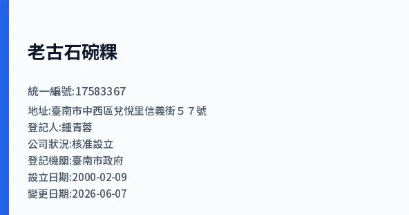 老古石碗粿的照片-統編 17583367(臺南市) 公司登記資料與營業項目詳細圖表