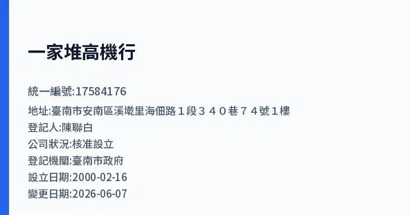 一家堆高機行的照片-統編 17584176(臺南市) 公司登記資料與營業項目詳細圖表