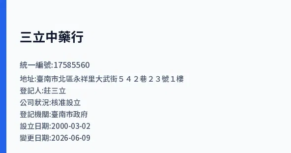 三立中藥行的照片-統編 17585560(臺南市) 公司登記資料與營業項目詳細圖表