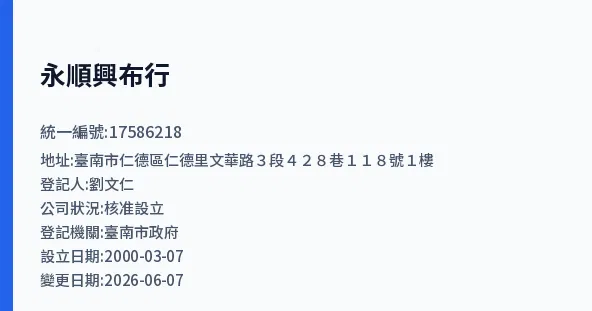 永順興布行的照片-統編 17586218(臺南市) 公司登記資料與營業項目詳細圖表
