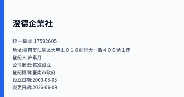 澄德企業社的照片-統編 17592605(臺南市) 公司登記資料與營業項目詳細圖表