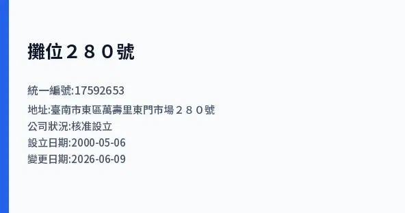 攤位280號的照片-統編 17592653(臺南市) 公司登記資料與營業項目詳細圖表