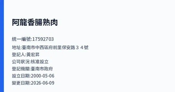 阿龍香腸熟肉的照片-統編 17592703(臺南市) 公司登記資料與營業項目詳細圖表