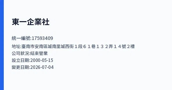 東一企業社的照片-統編 17593409(臺南市) 公司登記資料與營業項目詳細圖表