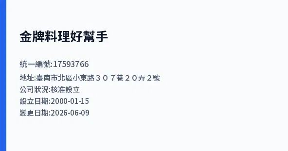 金牌料理好幫手的照片-統編 17593766(臺南市) 公司登記資料與營業項目詳細圖表